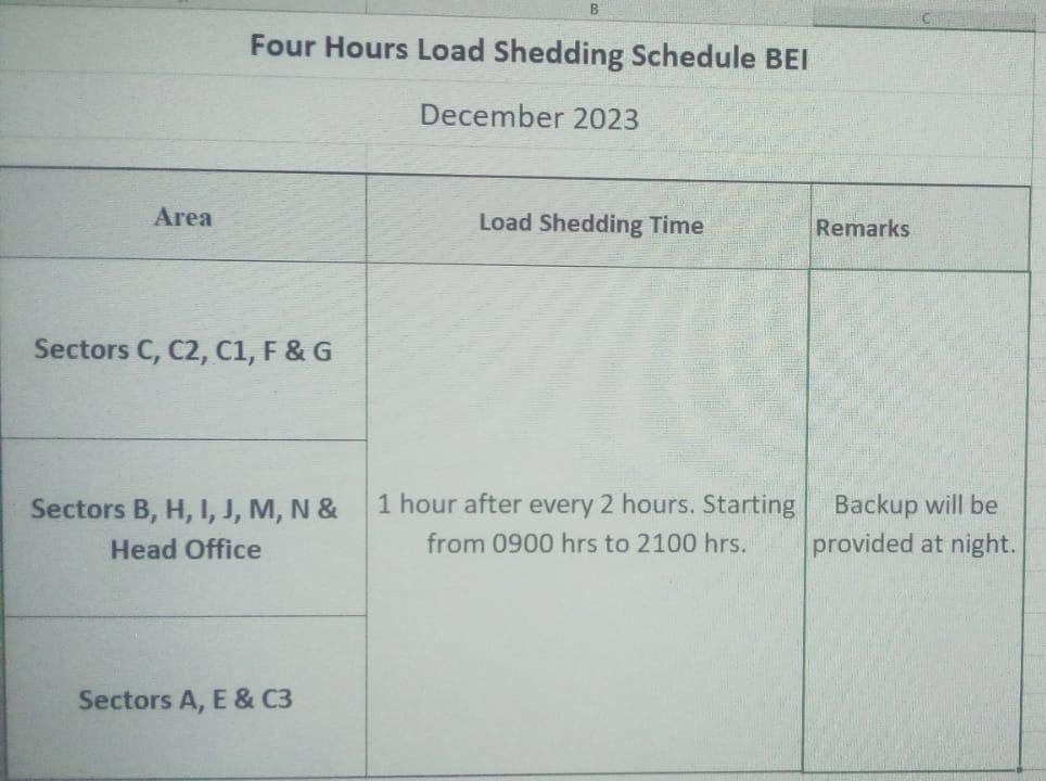 Four Hours Load Shedding Schedule Bahria Enclave from December 2023 ...